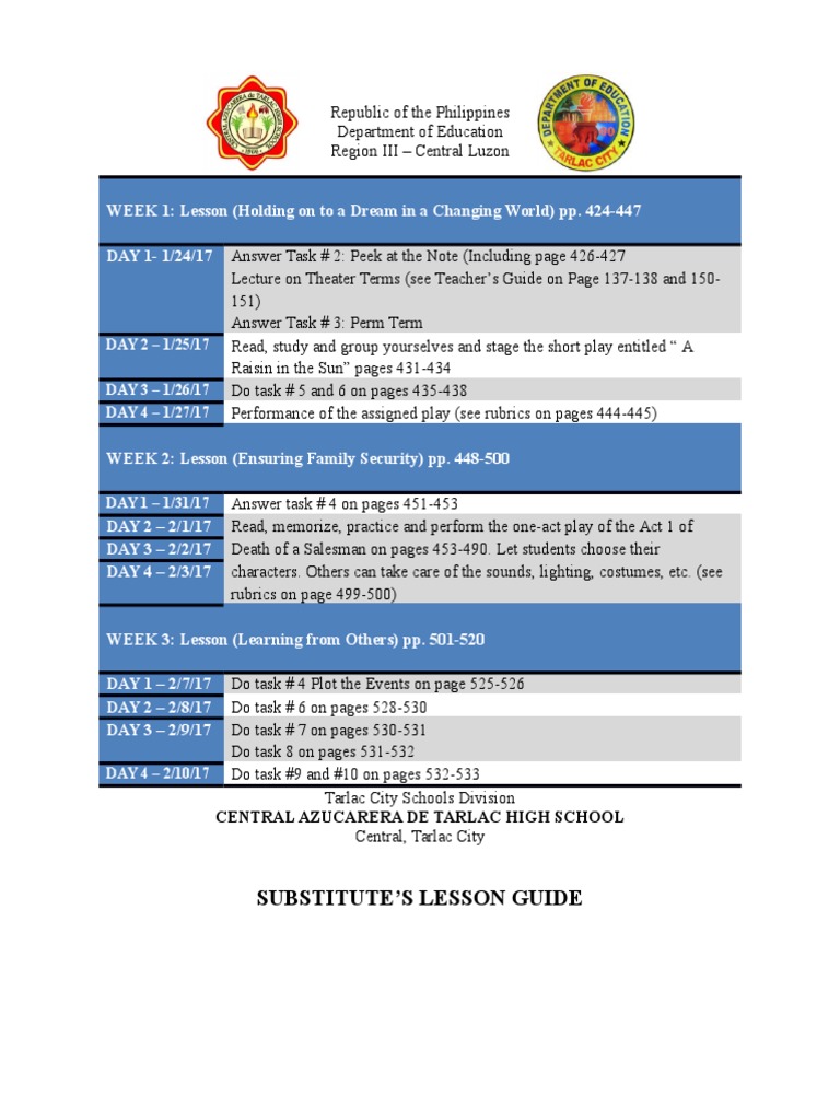 Tarlac High School Substitute Lesson Plan | PDF