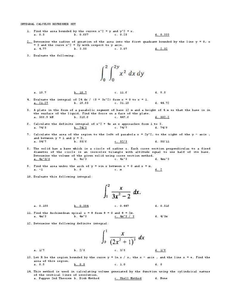 Integral Calculus Refresher Set | PDF | Integral | Area