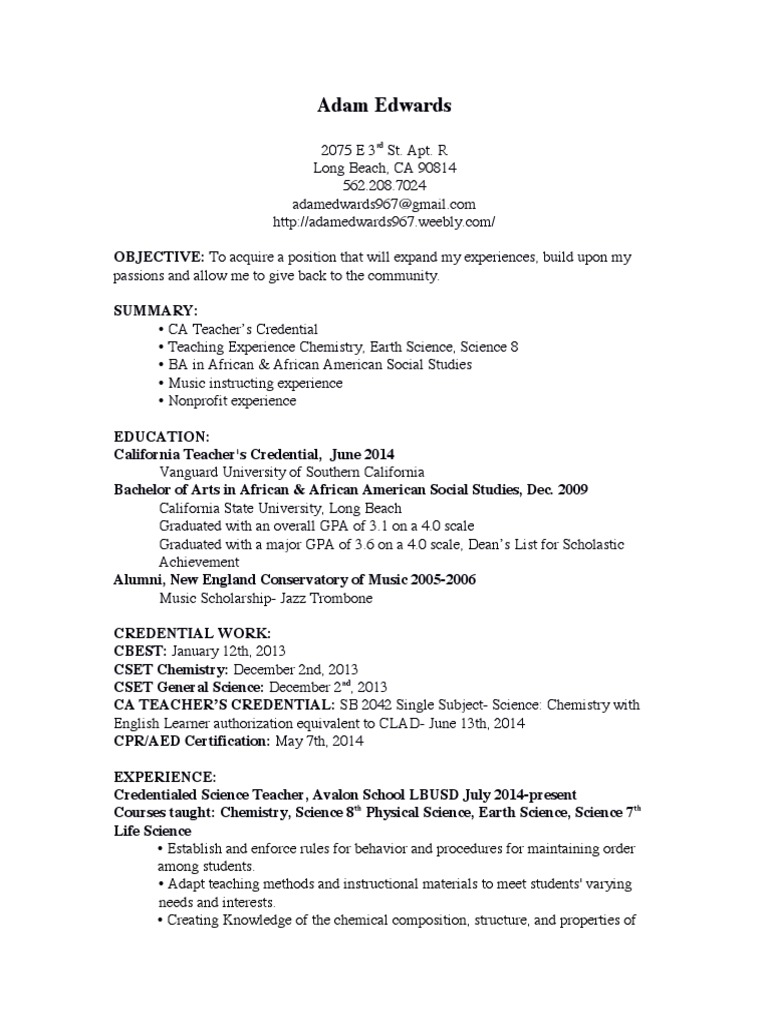 adams resume1 | Teachers | Chemistry | Free 30-day Trial | Scribd