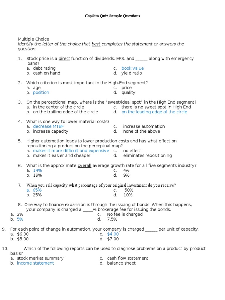 CapSim Quiz Sample Questions | PDF
