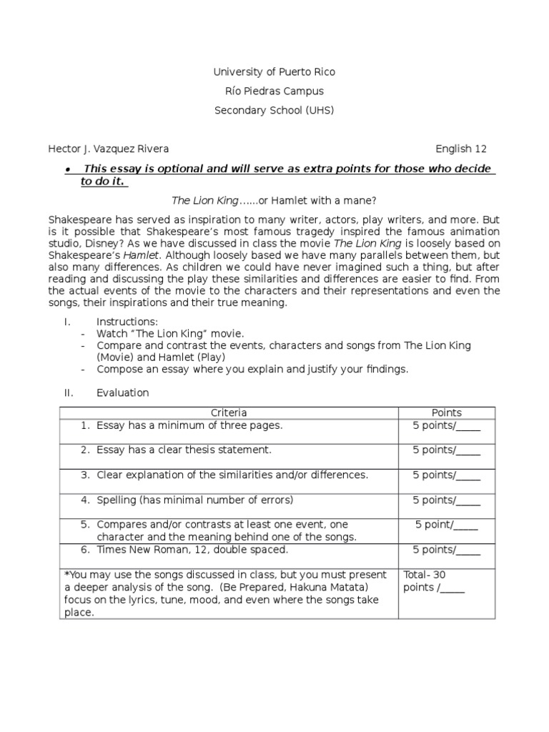 Lion King vs. Hamlet: Essay Guide | PDF
