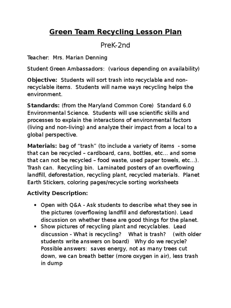 Recycling Lesson Plan Prek-2 | PDF