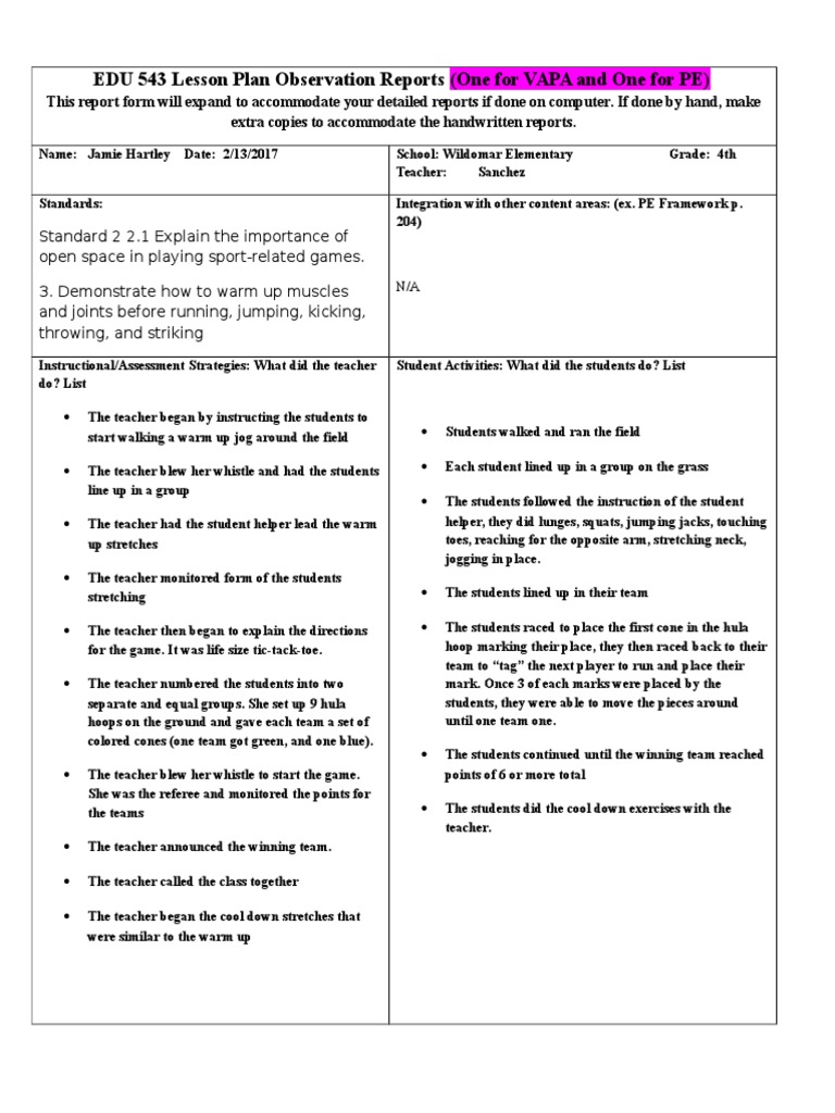 EDU 543 Lesson Plan Observation Reports (One For VAPA and One For PE ...