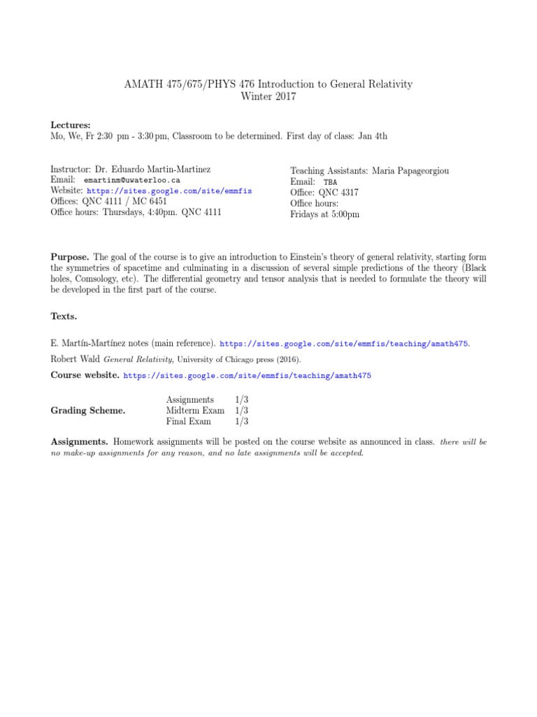 AMATH475 Outline | PDF | General Relativity | Theoretical Physics