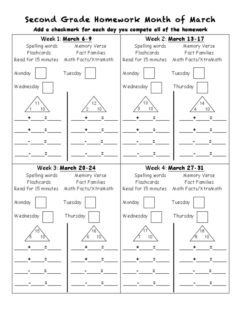 Second Grade Homework Month of March: Add A Checkmark For Each Day You ...