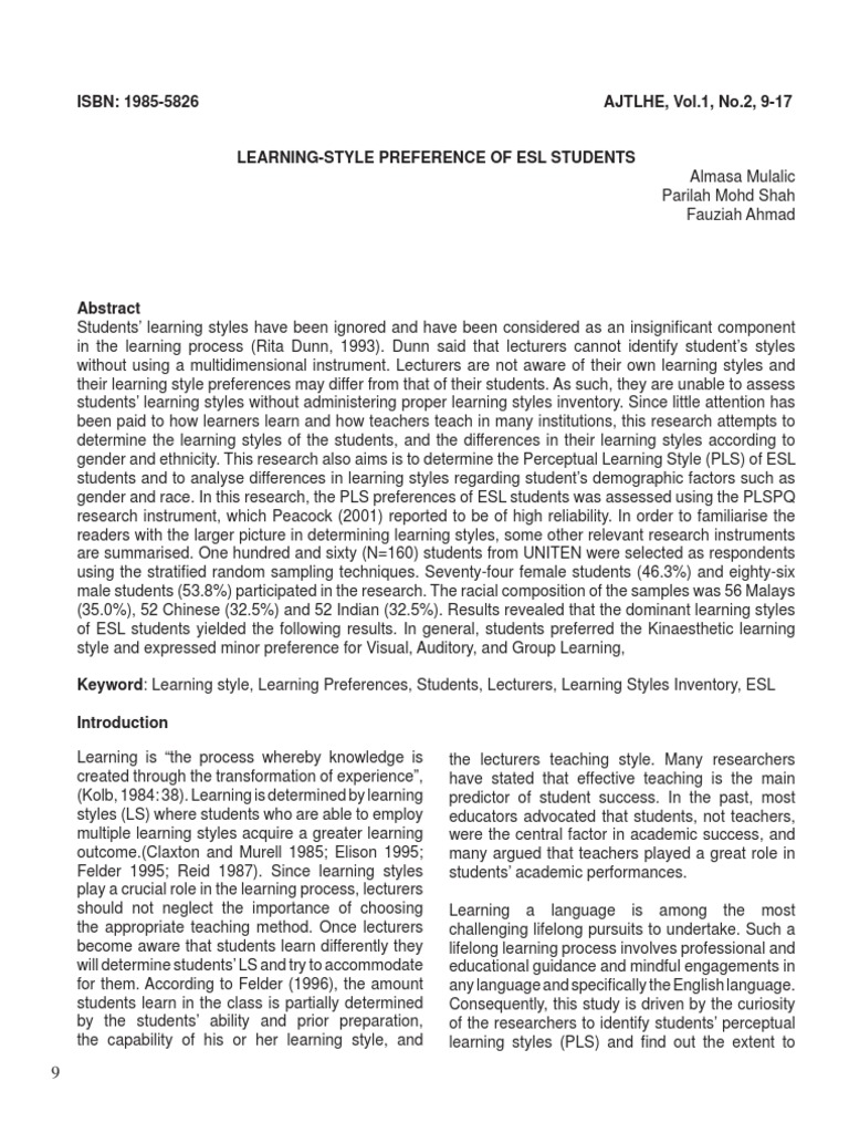 ESL Students' Learning Styles Study | PDF | Learning Styles ...