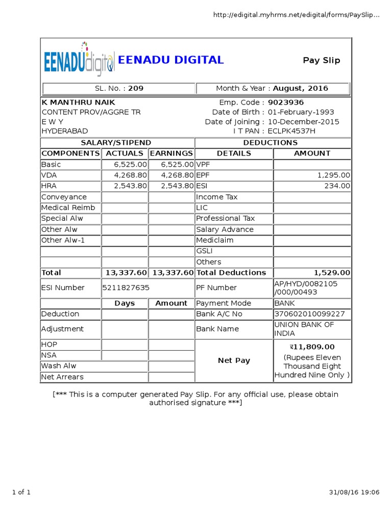 August 2016 Pay Slip for K Manthru Naik | PDF