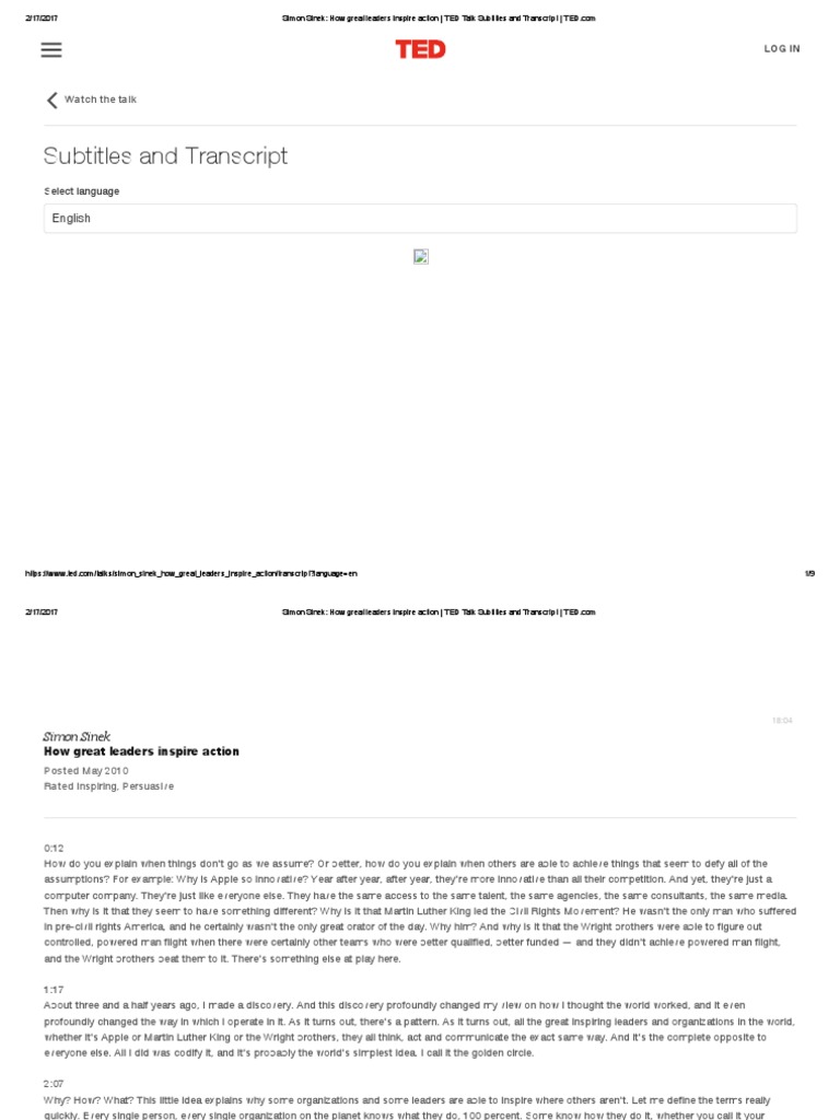 Simon Sinek - How Great Leaders Inspire Action - TED Talk Subtitles and Transcript - TED | PDF ...