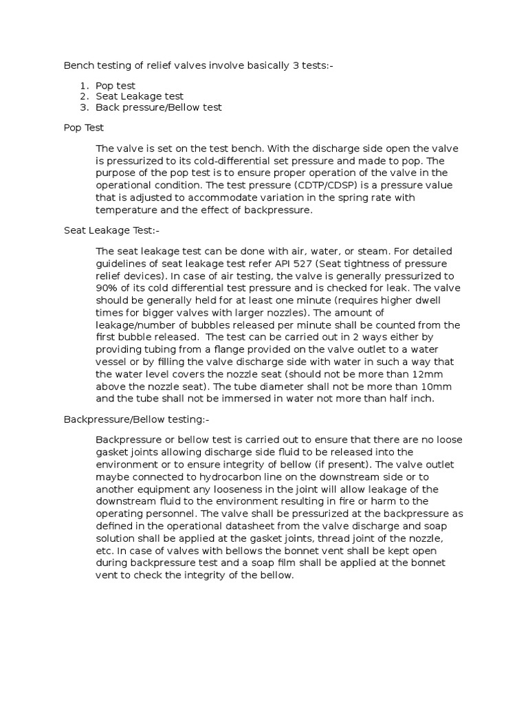 Bench Testing of Relief Valves | PDF