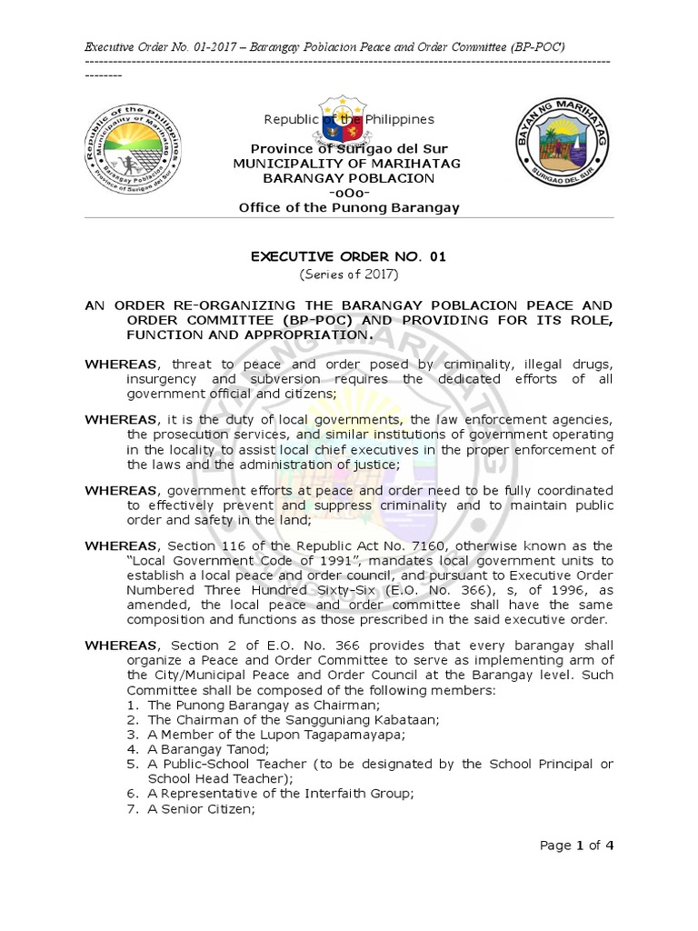 EXECUTIVE ORDER NO. 01 2017 Barangay Poblacion Peace and Order Council ...