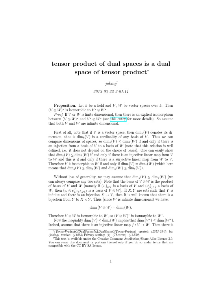 Tensor product of dual spaces is a dual space of tensor product | PDF | Basis (Linear Algebra ...