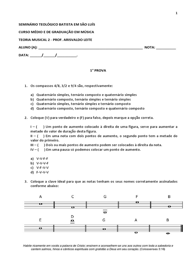 1ª Prova de Teoria Musical - Seminário Batista | PDF | Ritmo e métrica ...