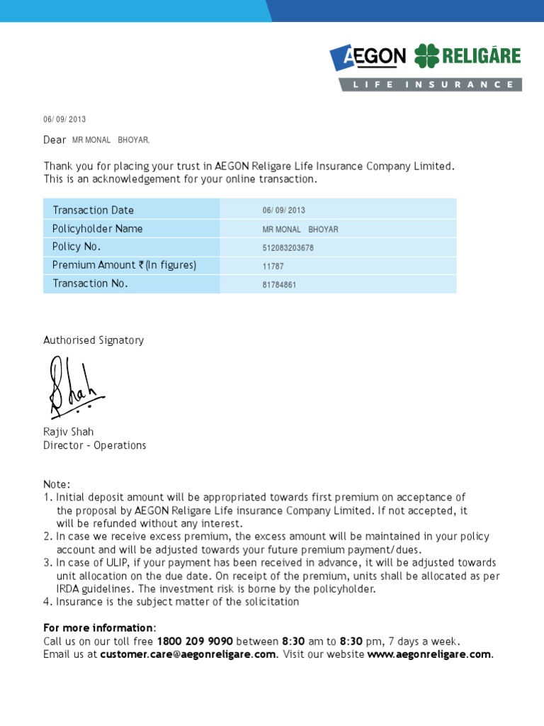 AEGON Religare Premium Payment Acknowledgment | PDF | Life Insurance | Insurance