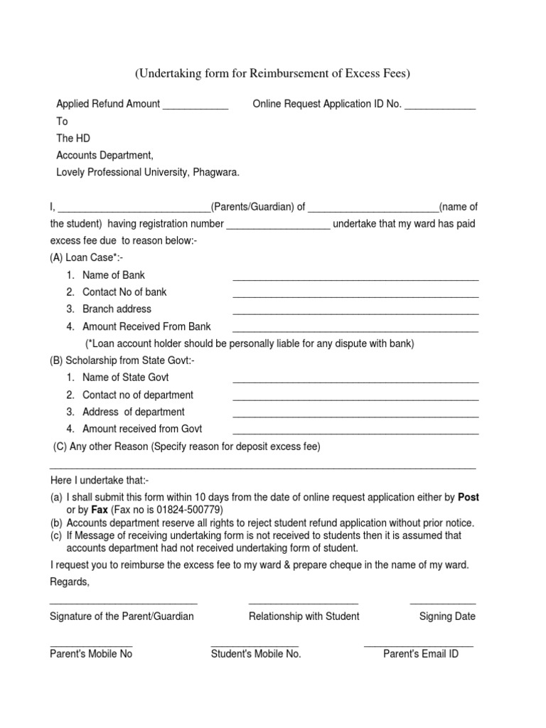 Undertaking Form For Reimbursement of Excess Fees | PDF