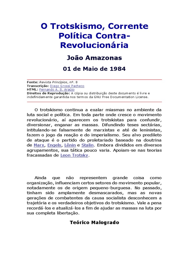 O Trotskismo como corrente política contra-revolucionária | PDF | Leon Trotsky | Socialismo