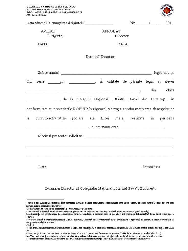 Model Cerere Motivare Absente 2012-2013 | PDF