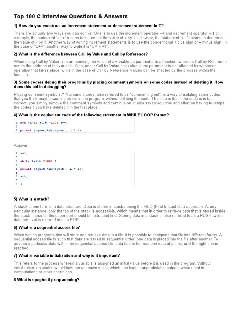 Top 100 C Interview Questions And Answers Pdf C Programming Language Subroutine