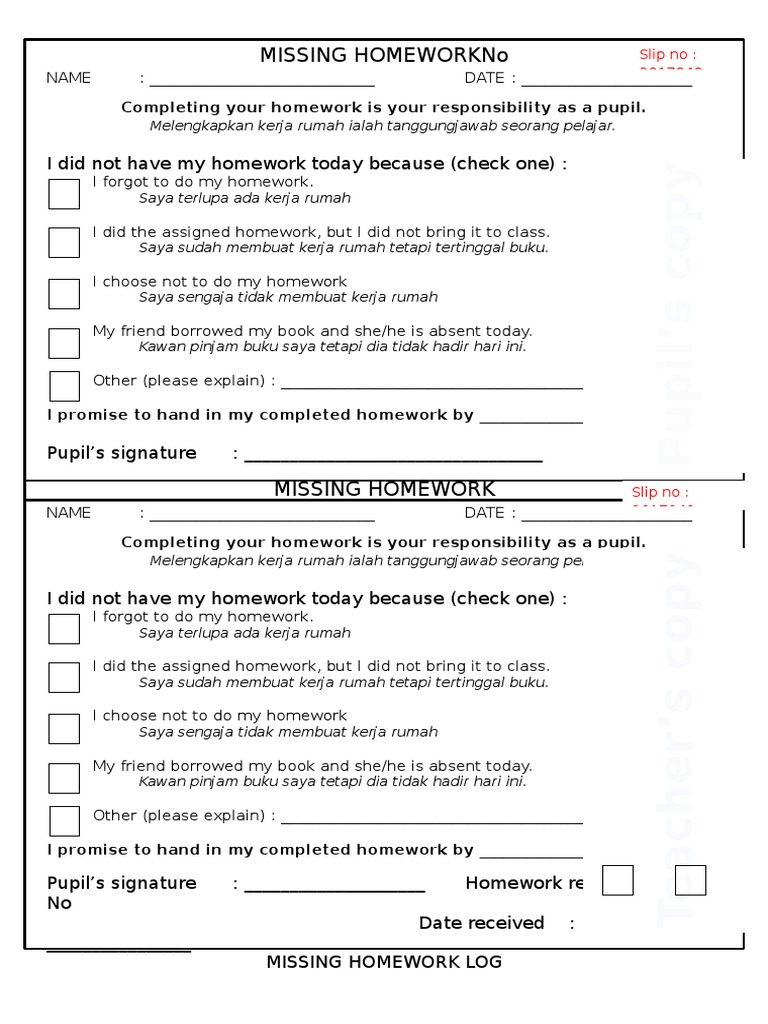 Missing Homework Log N Slip Sheet | PDF