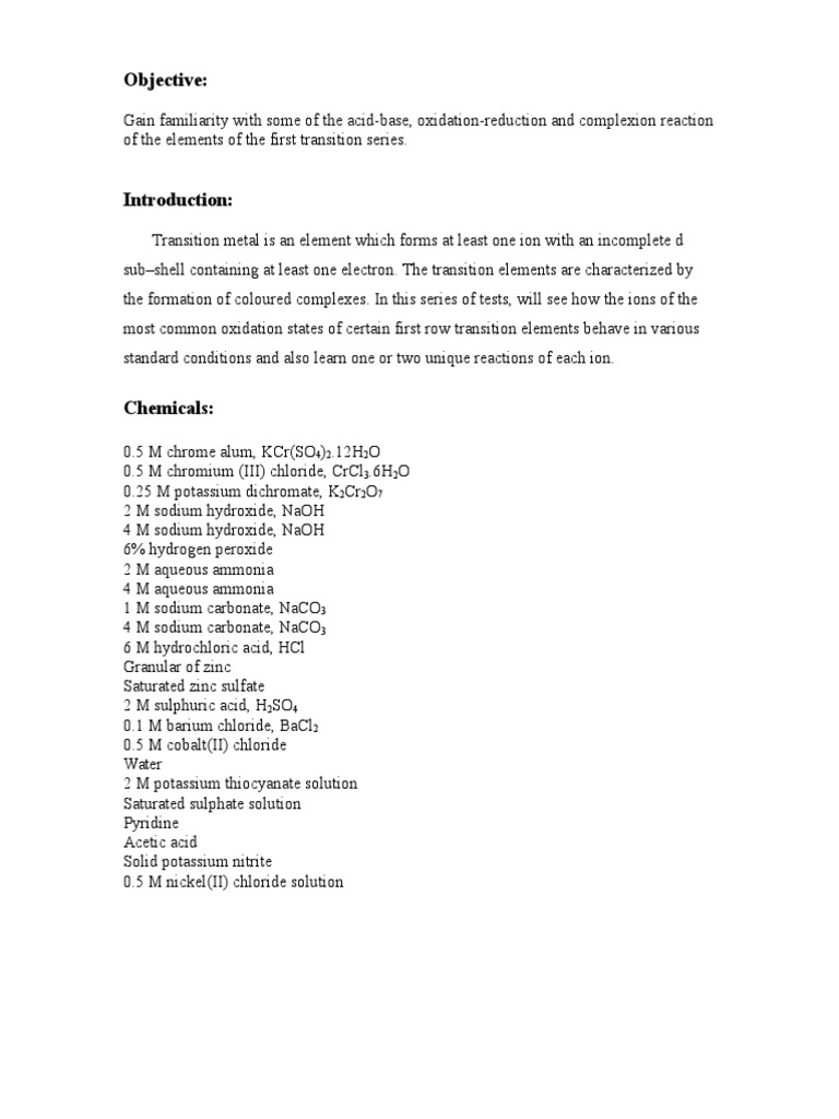 Transition Metal Reactions Guide | PDF | Hydroxide | Chromium