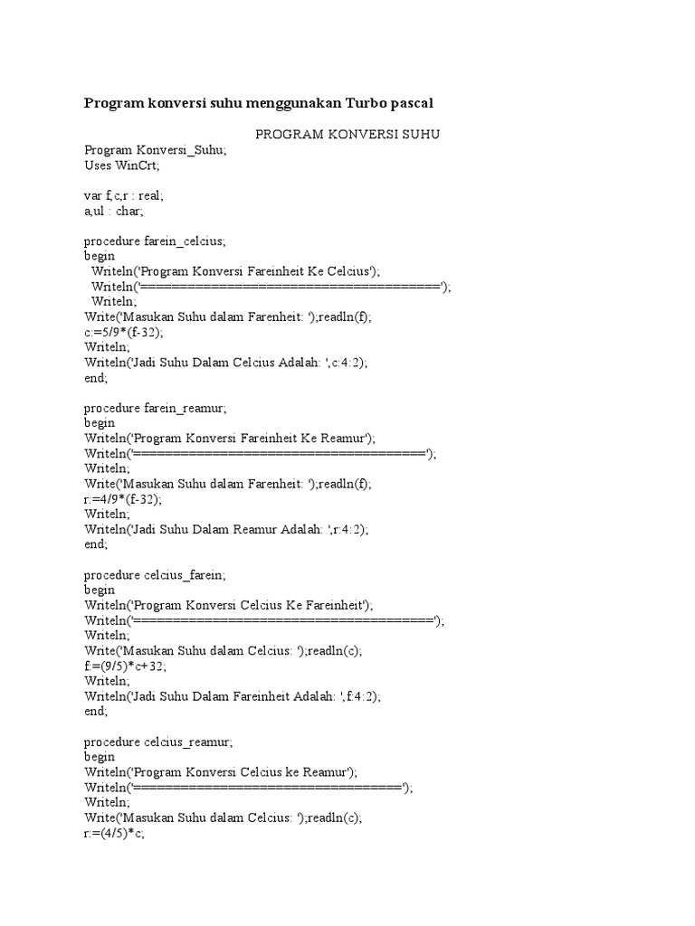 Program Konversi Suhu Menggunakan Turbo Pascal | PDF