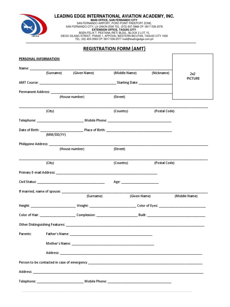 Registration Form (Amt) : Leading Edge International Aviation Academy ...
