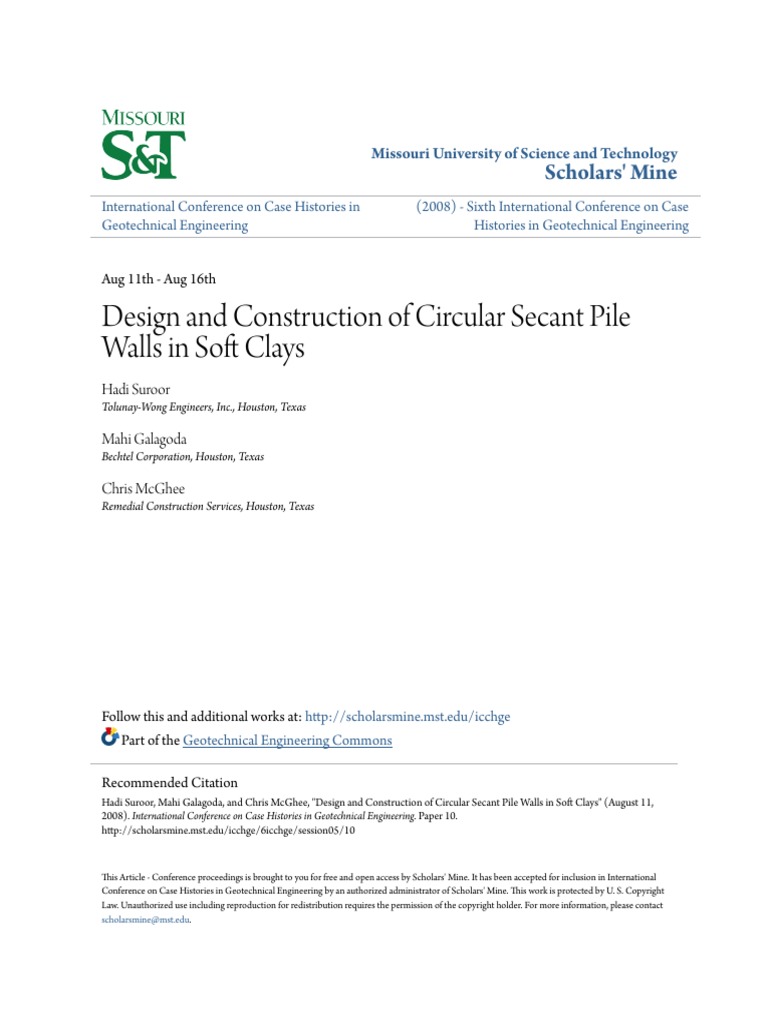 Design and Construction of Circular Secant Pile Walls in Soft Clays | PDF