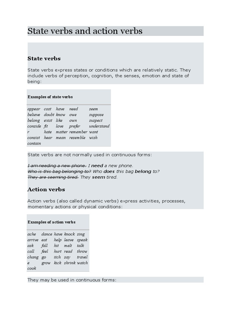State Verbs and Action Verbs | PDF | Behavioural Sciences | Cognition
