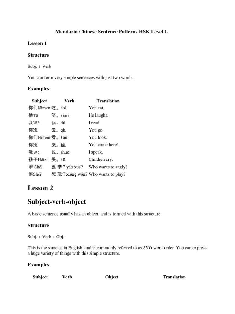 Mandarin Chinese Sentence Patterns HSK Level 1 | PDF | Adjective | Adverb