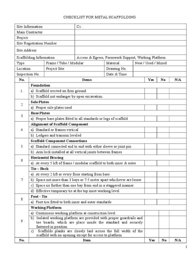 Scaffold Checklist | PDF | Scaffolding | Framing (Construction)