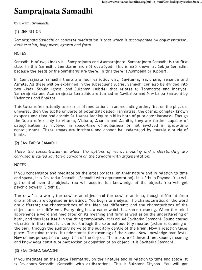 Sivananda SamprajnataSamadhi | PDF | Indian Religions | Nondualism