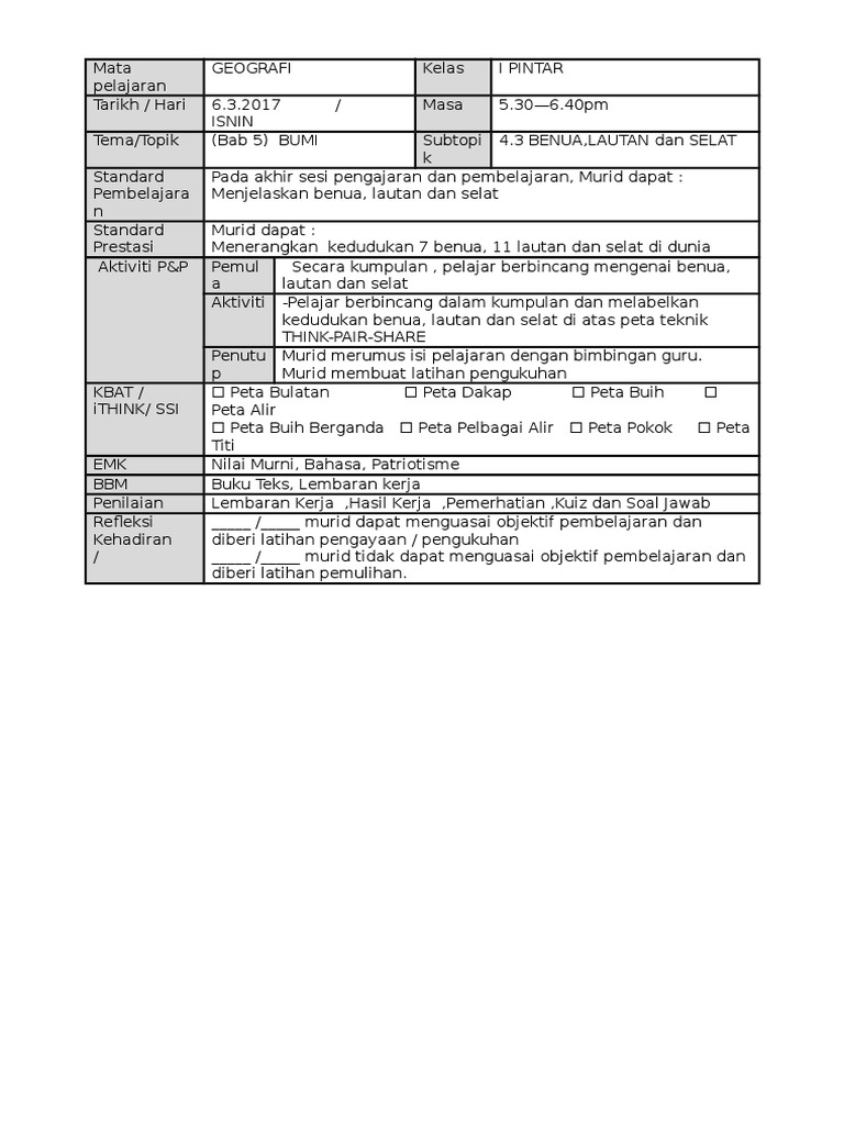 RPH Geo Bab 5 (5.3) Benua, Lautan Dan Selat Bumi | PDF