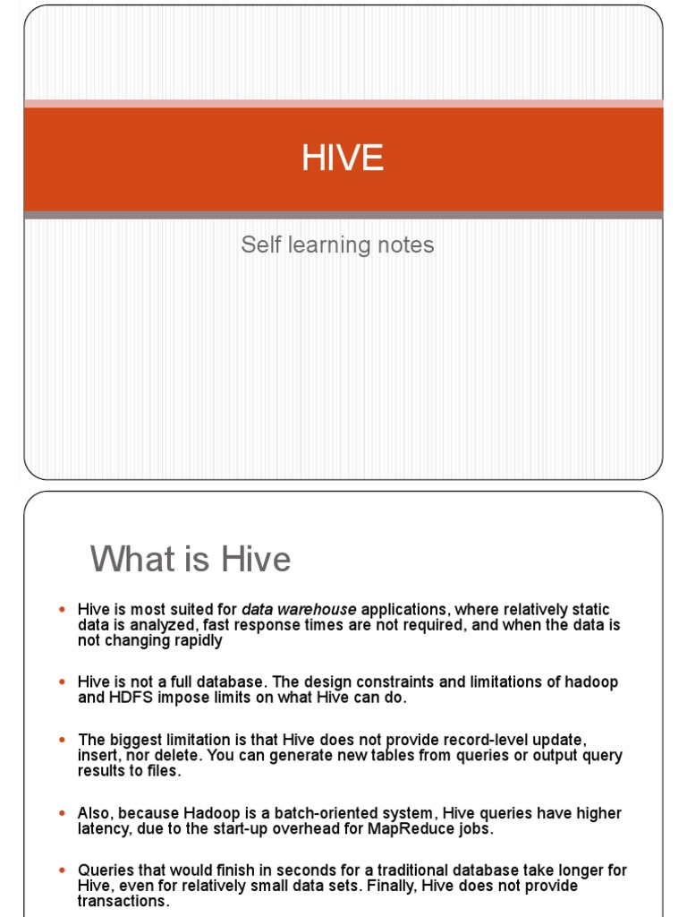 Hive - Self Learning Notes | PDF | Apache Hadoop | Data Warehouse
