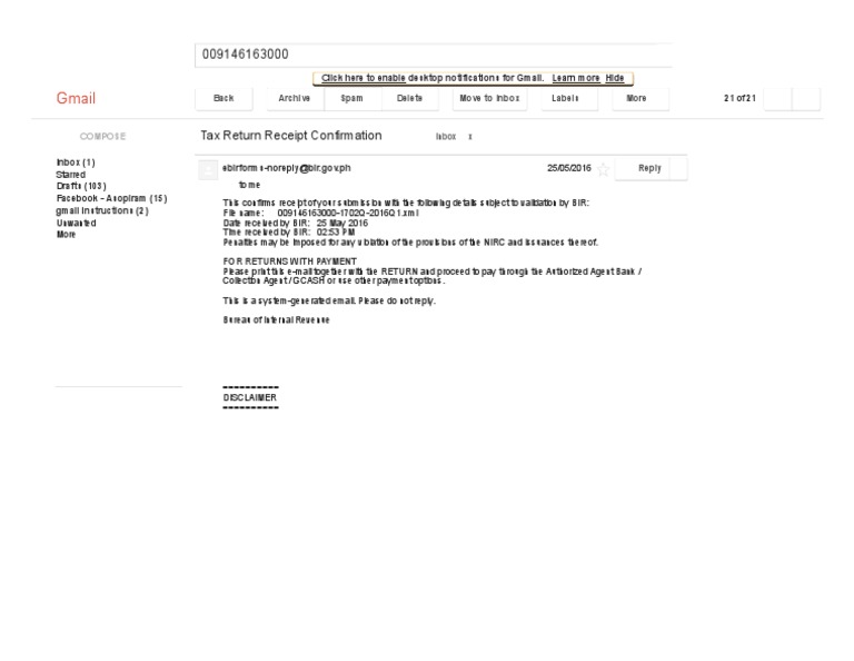 Tax Return Receipt Confirmation | PDF | Gmail | Receipt