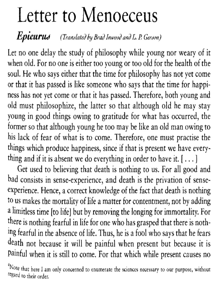 Reading - Letter - To - Menoeceus Epicurus PDF | PDF | Psychological ...