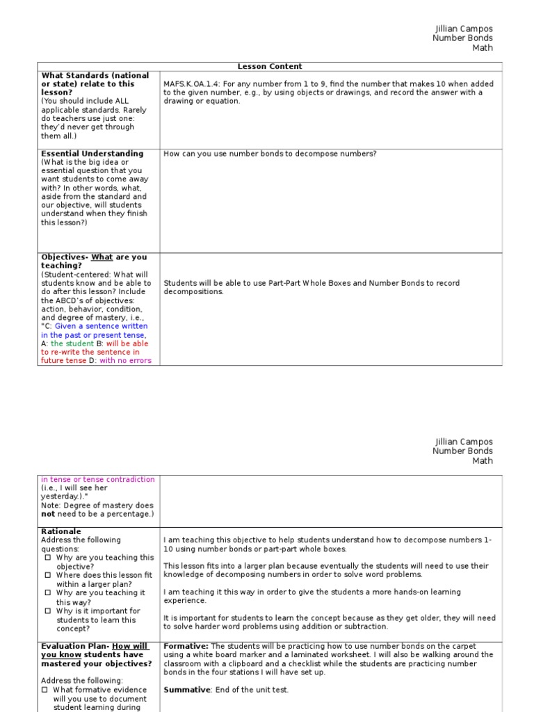 Number Bonds Lesson Plan | PDF | Teaching Method | Applied Psychology