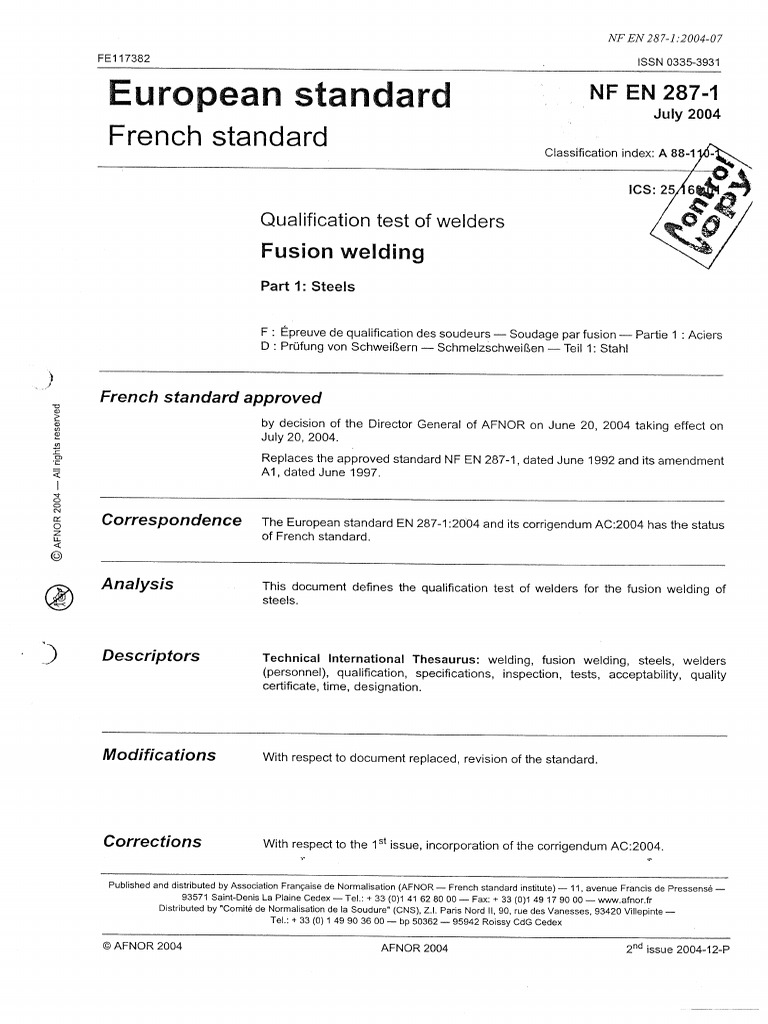 EN 287-1 Qualification Test of Welder - Fusion - Steel PDF | PDF ...