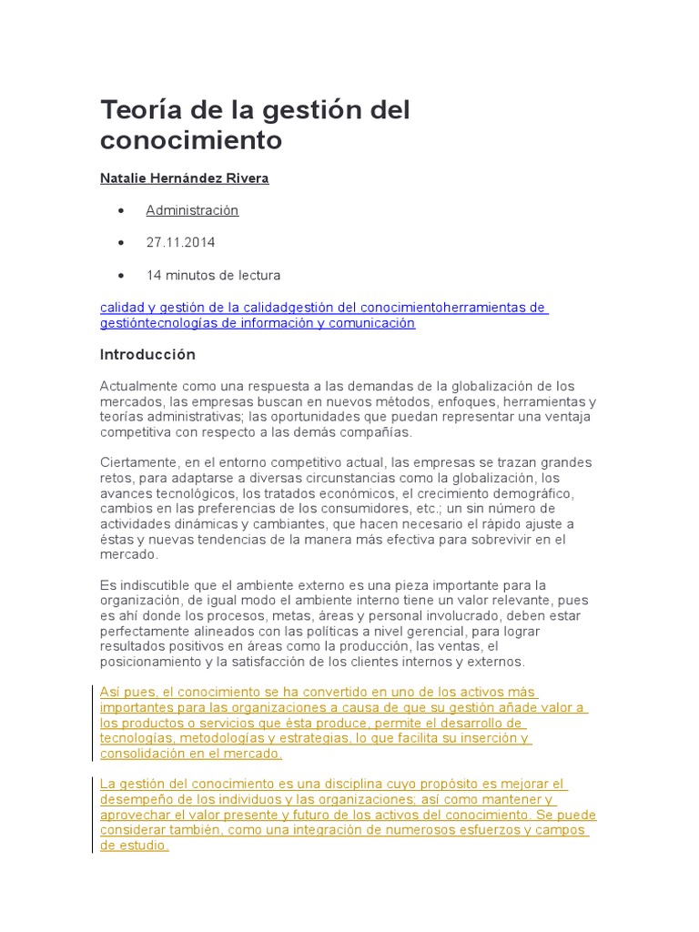 Teoría de La Gestión Del Conocimiento | PDF | Conocimiento administrativo | Aprendizaje
