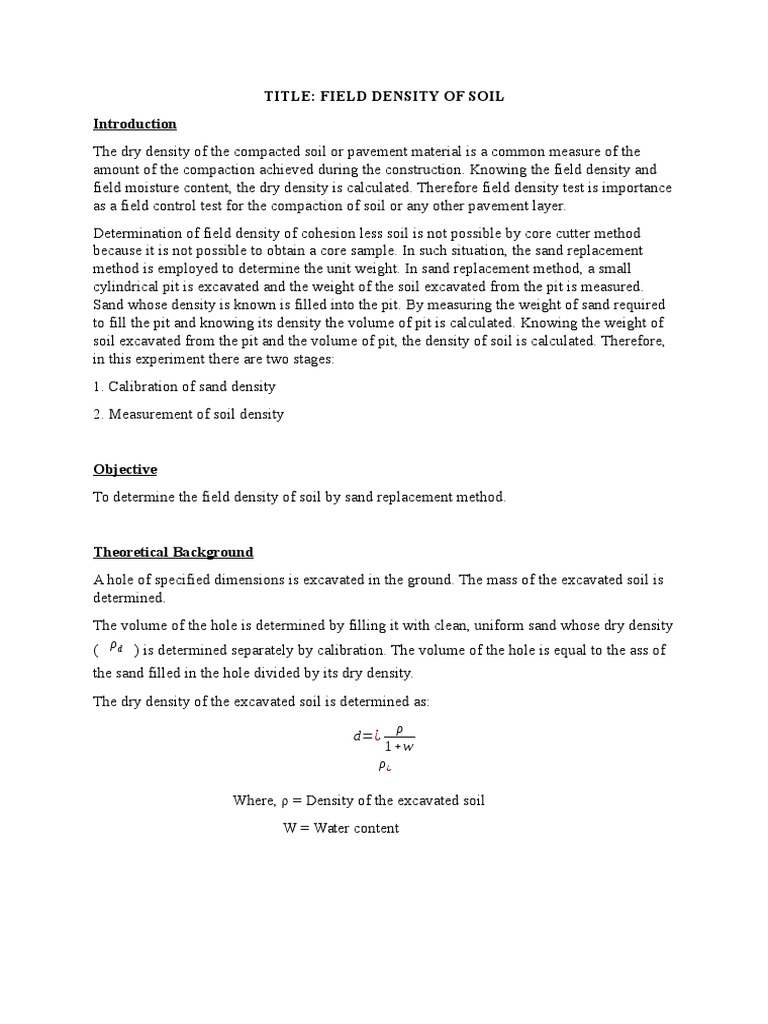 Lab Report Soil Sand Replacement Method | PDF | Density | Soil