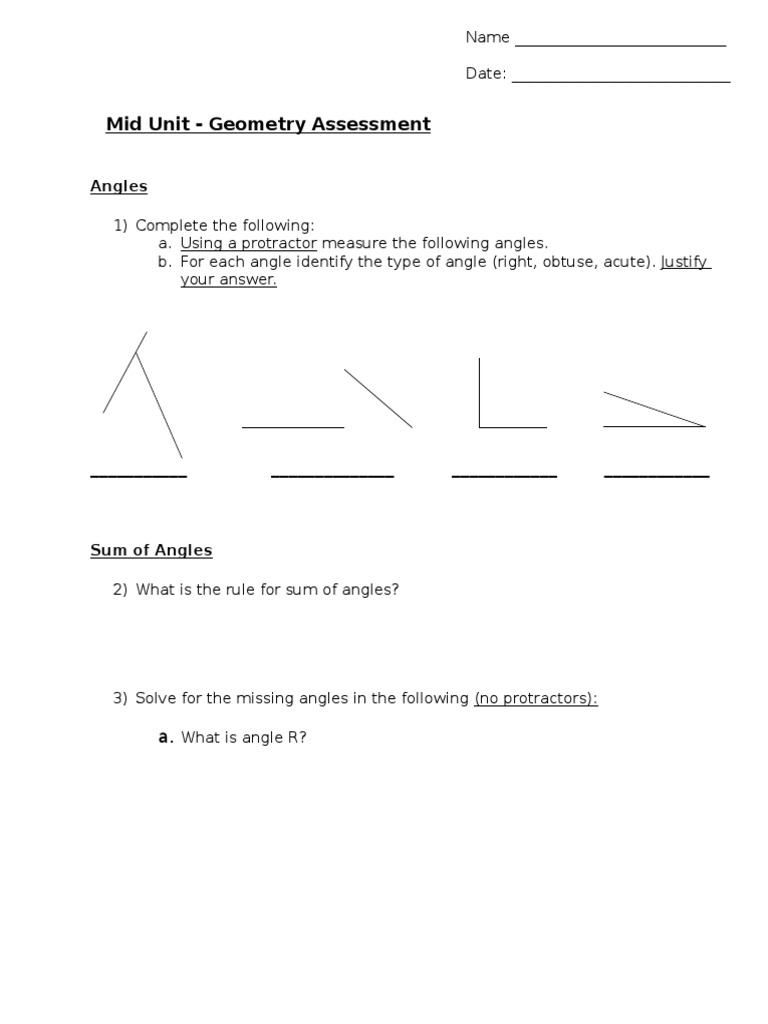 Geometry Mid Unit Assessment: Angles | PDF | Angle | Euclidean Plane ...