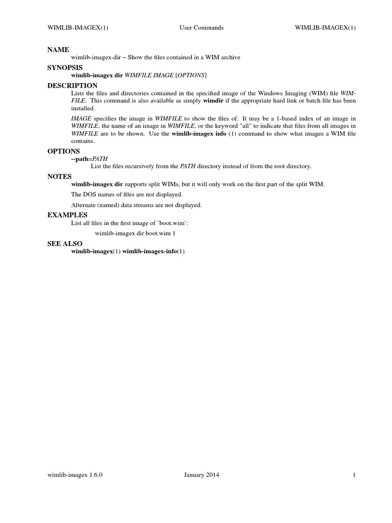 Name Synopsis Description: Wimlib-Imagex Dir WIMFILE IMAGE (OPTIONS) | PDF