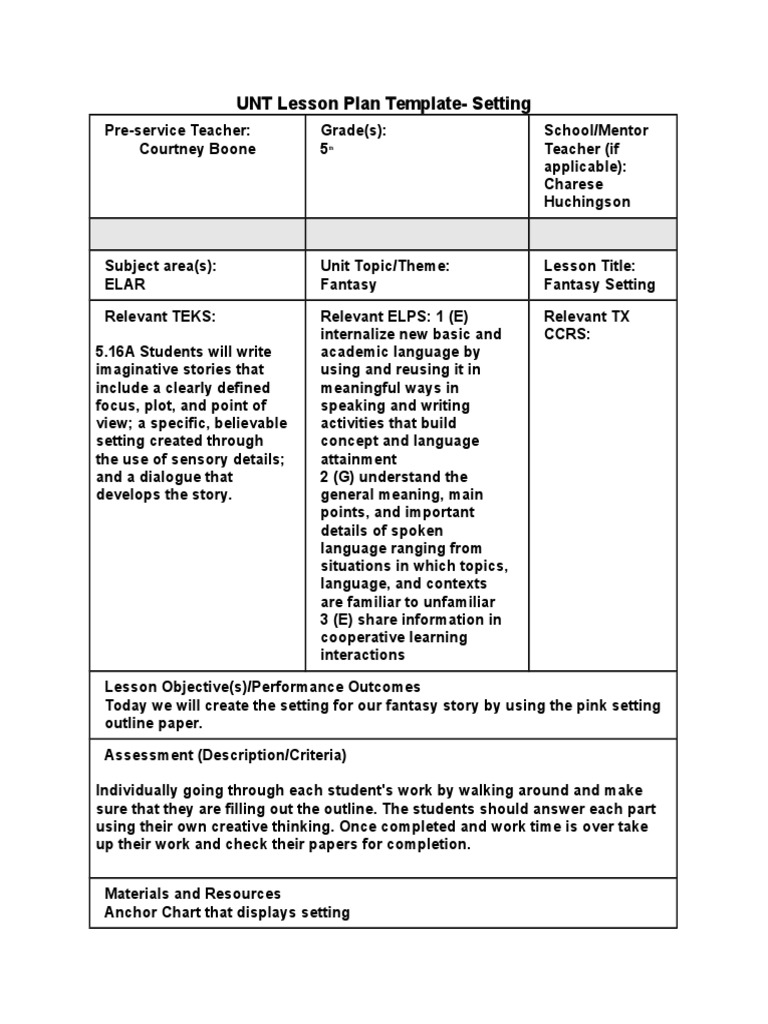 UNT Lesson Plan Template-Setting | PDF