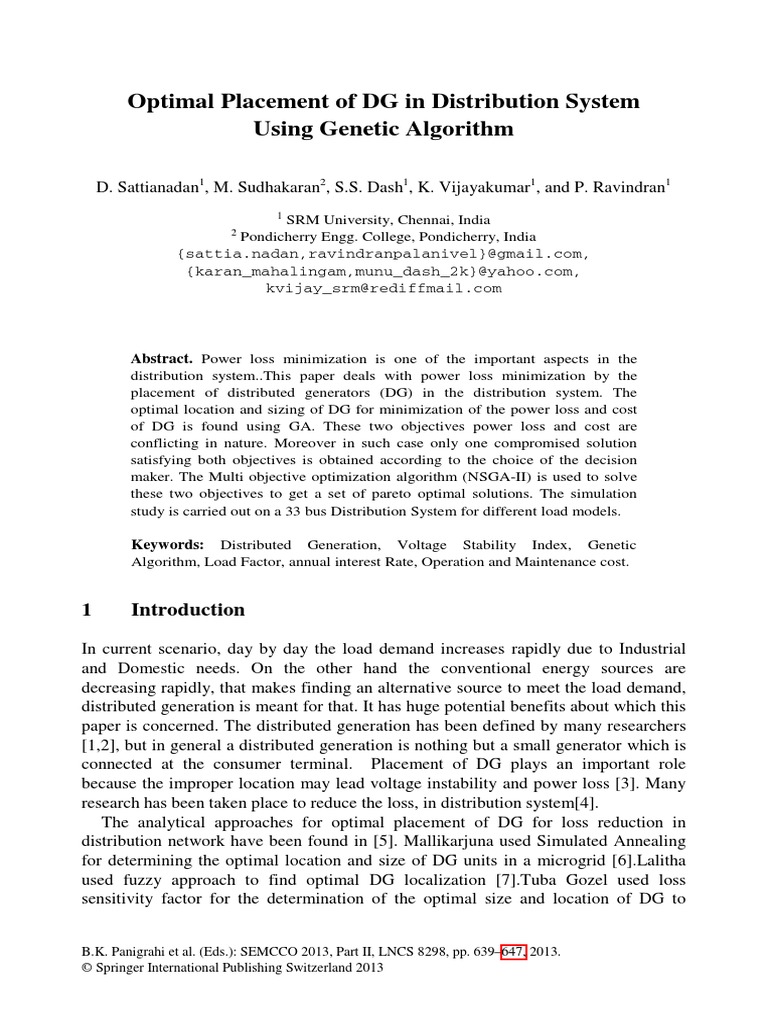 Optimal Placement of DG in Distribution System Using Genetic Algorithm ...