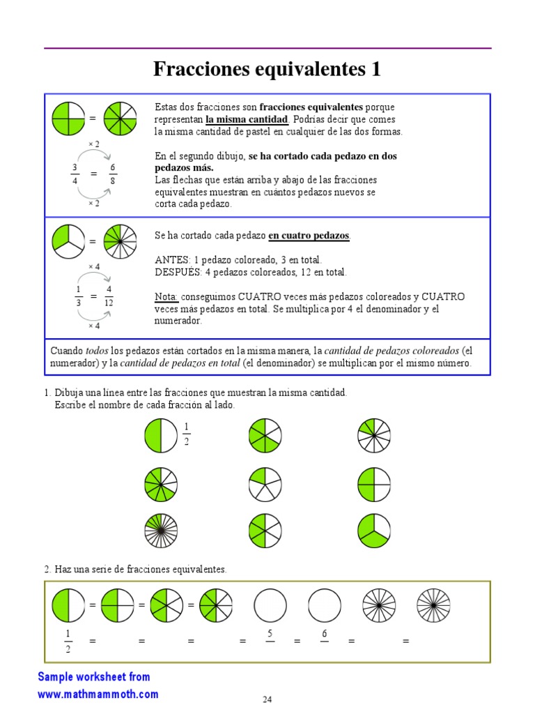 Fracciones Equivalentes: Ejercicios y Dibujos | PDF | Fracción ...