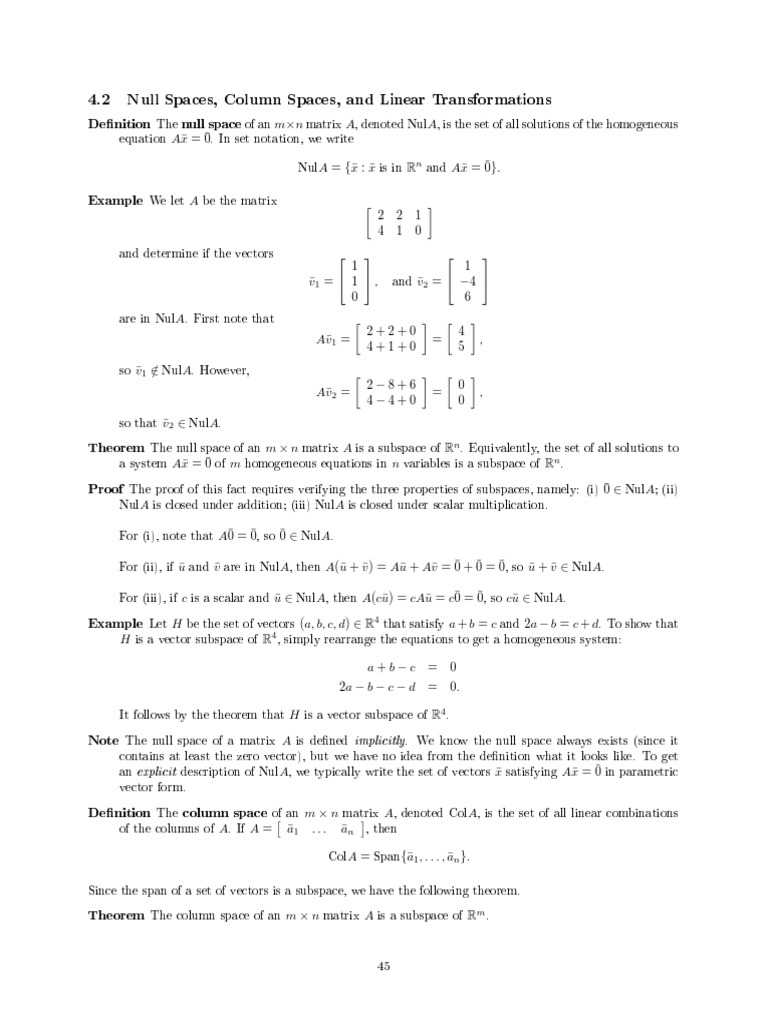 42 Null Spaces Column Spaces And Linear Transformations Pdf Linear Subspace Vector Space