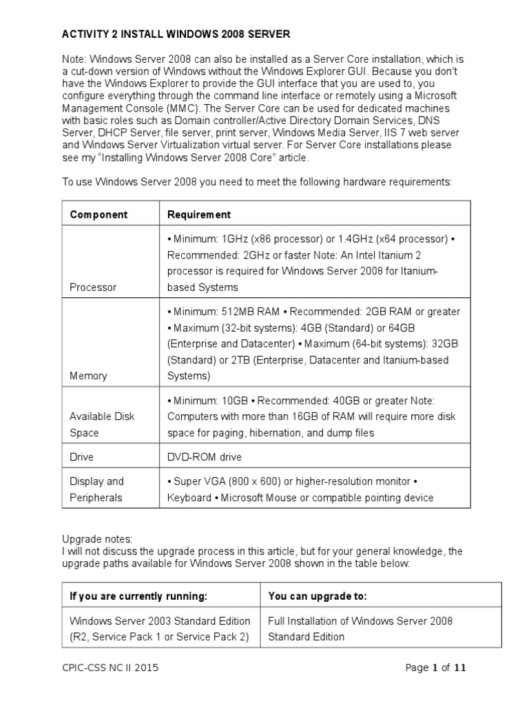 Activity 2 Install Windows 2008 Server: Cpic-Css NC Ii 2015 Page 1 of ...