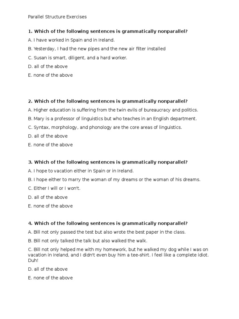 Parallel Structure Practice | PDF | Sentence (Linguistics) | Grammar