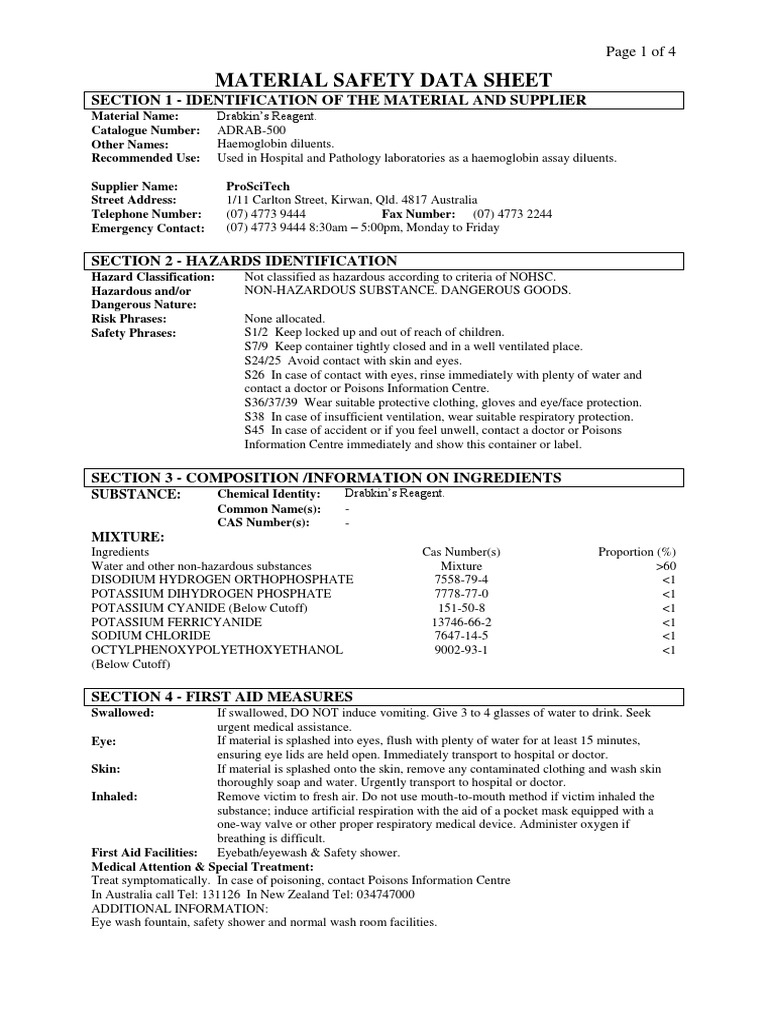 MSDS Drabkin’s Reagent. | Dangerous Goods | Firefighting