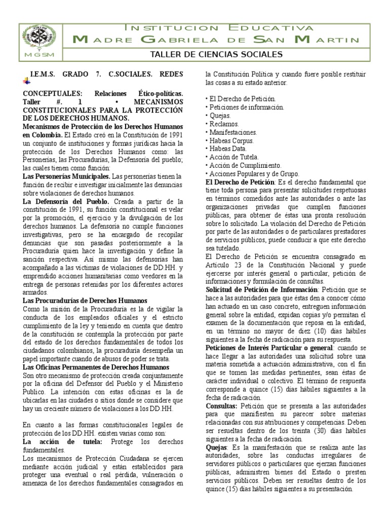 Taller. Mecanismos Constitucionales para La Protección de Los Derechos ... Taller. Mecanismos Constitucionales para La Protección de Los Derechos ...