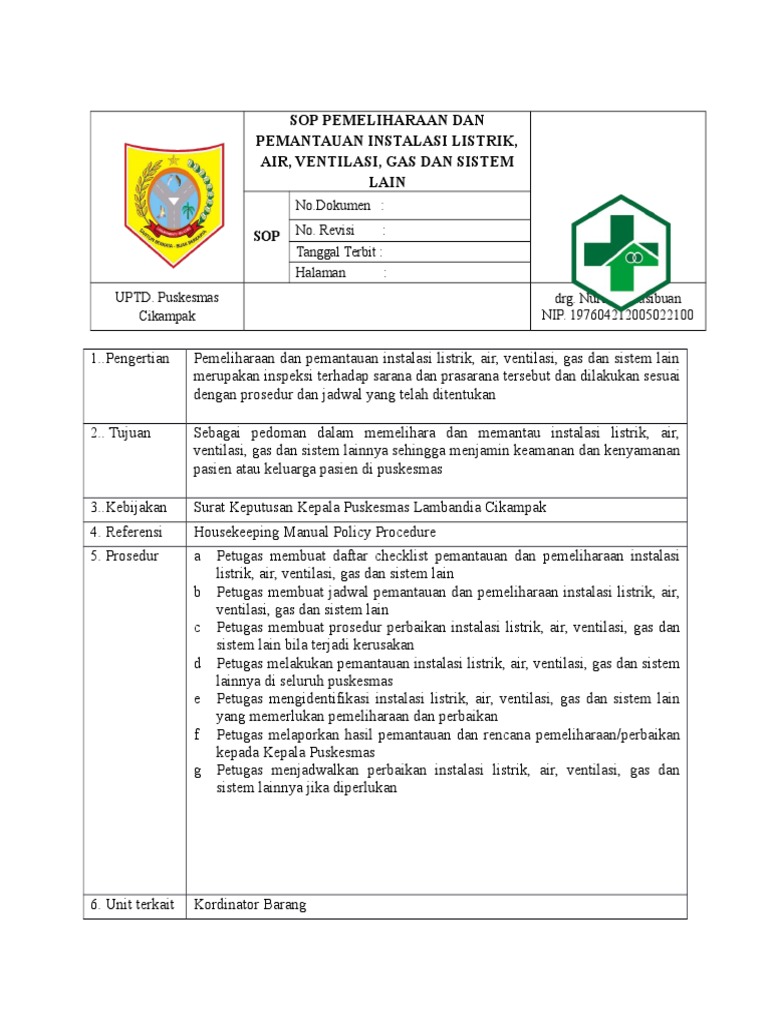 Sop Pemeliharaan Dan Pemantauan Instalasi Listrik | PDF