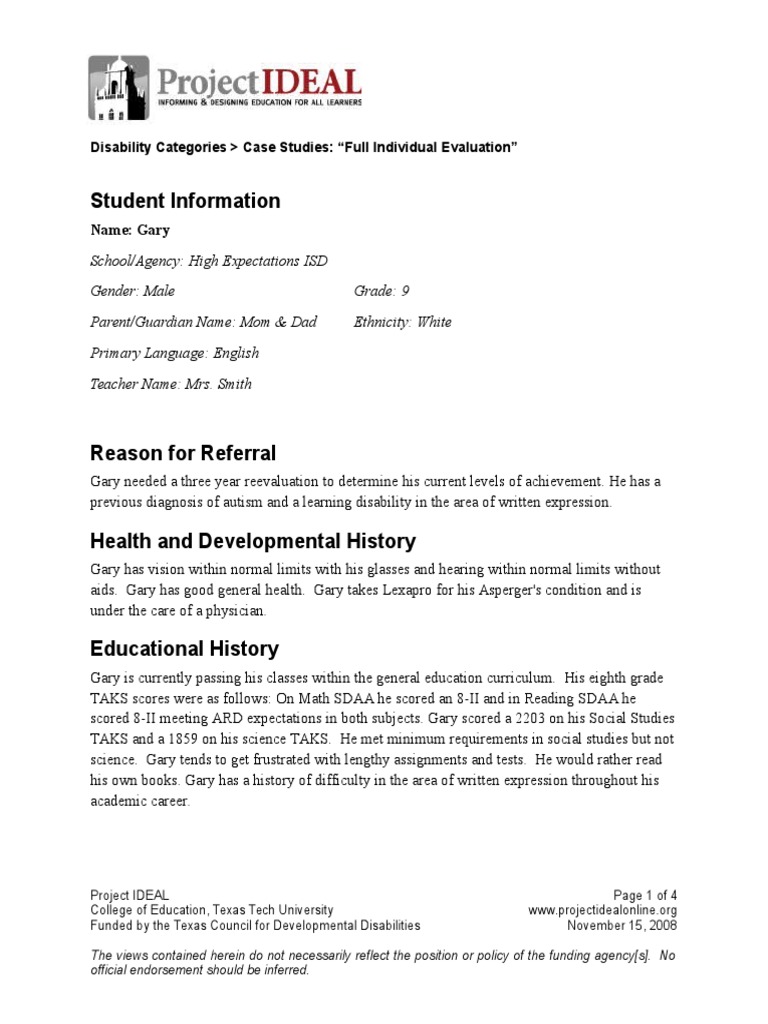Case Study Gary Pdf Learning Disability Reading Comprehension